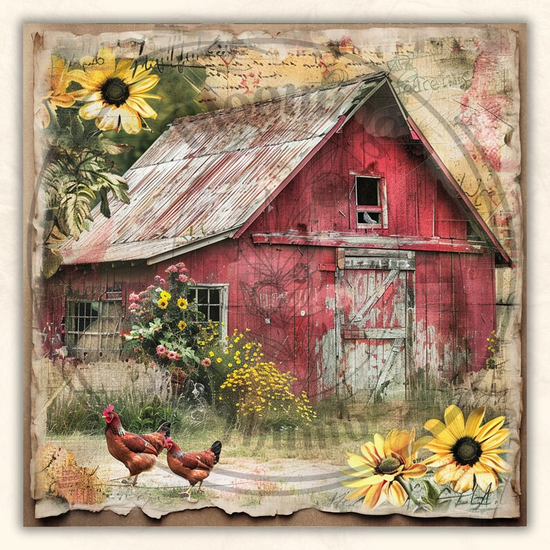 Vintage Red Barn Chickens Sunflowers Junk Journal Paper Vol 1 | Chicken ...