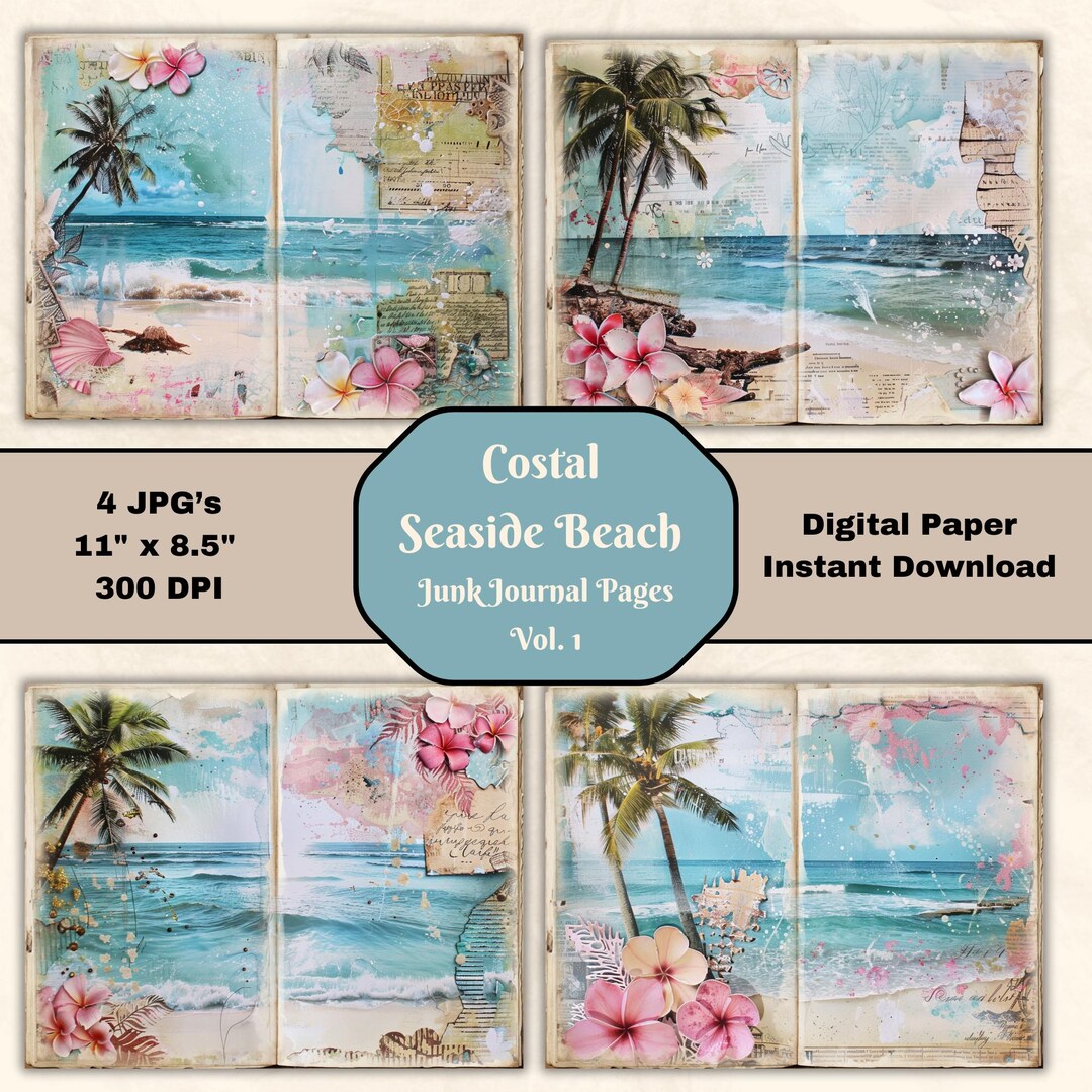Costal Seaside Beach Junk Journal Pages V1 Landscape 11x8.5 Digital ...