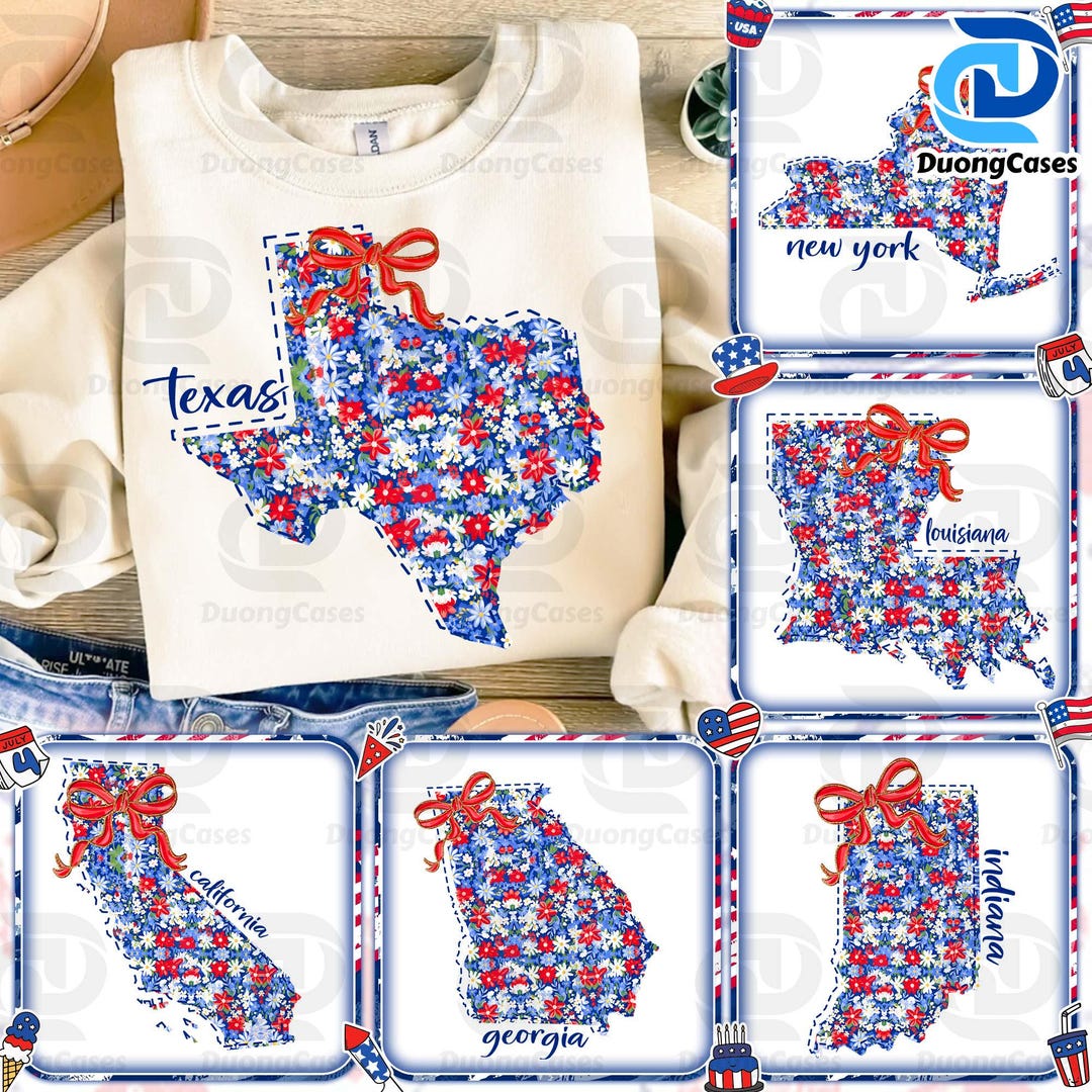 Preppy USA State Map Png Bundle, 4th of July Floral Map Png, Patriotic ...