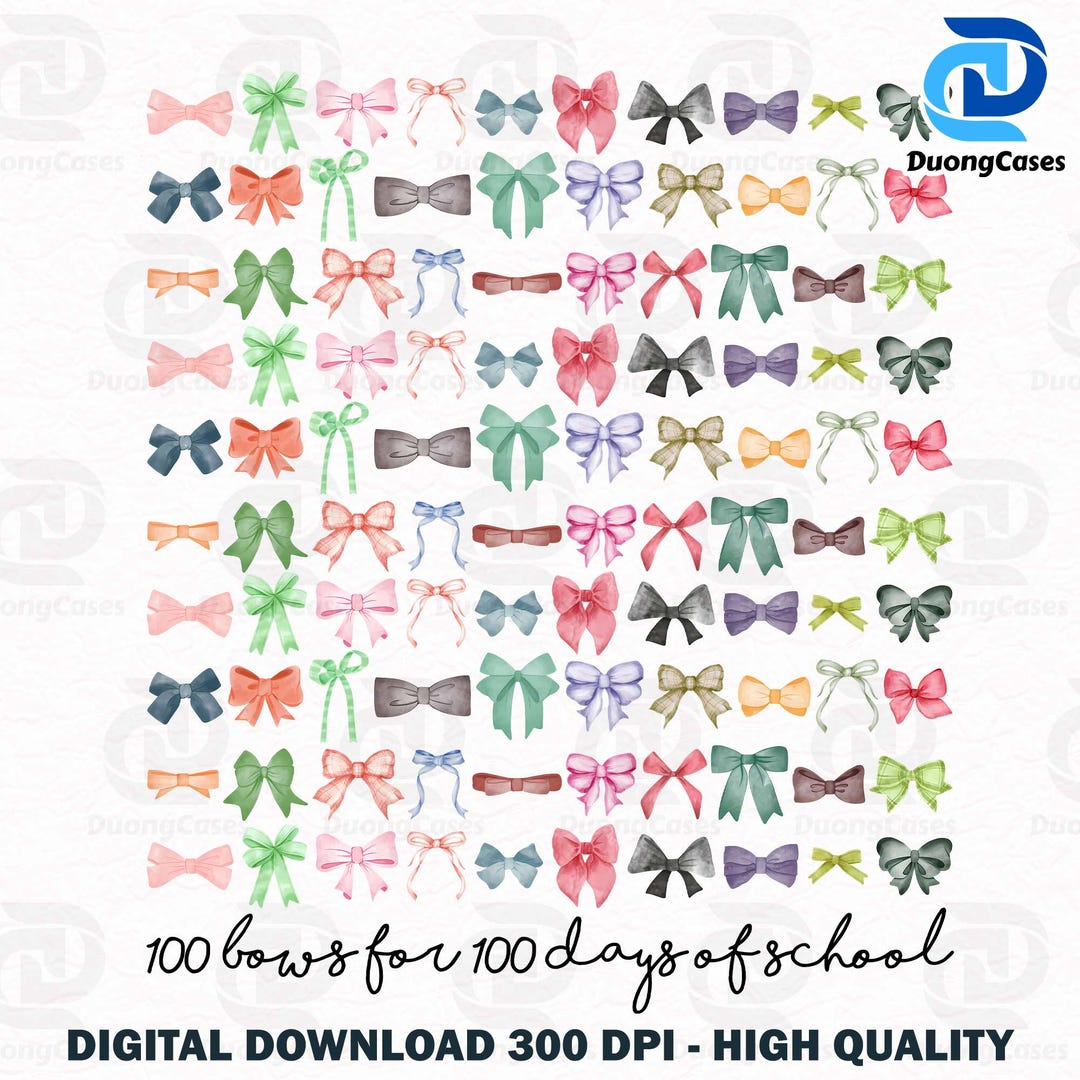100 Bows for 100 Days of School Png, Coquette Heart 100 Day of School ...