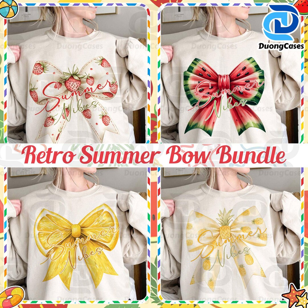 Retro Summer Bow Bundle PNG, Fruit Bow Sublimation, Checkered Bow, Cute ...