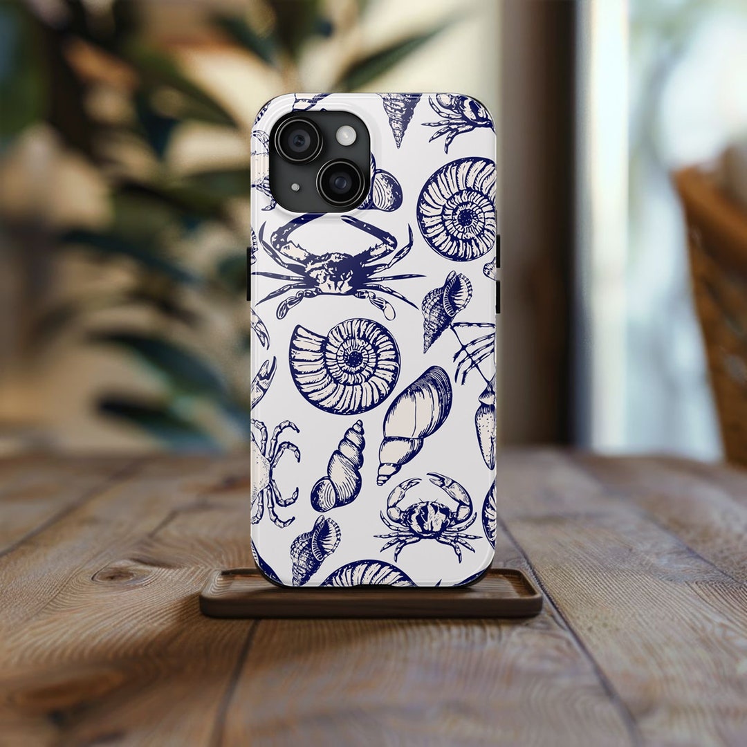 Shell Phone Case, Rustic Blue Seashell Pattern Phone Case, Beachy ...