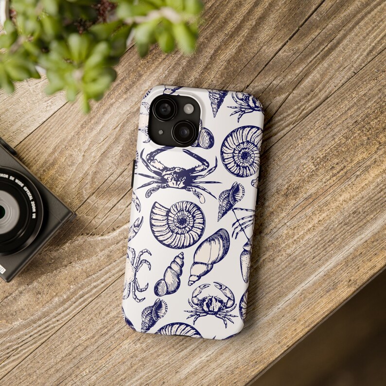 Shell Phone Case, Rustic Blue Seashell Pattern Phone Case, Beachy ...