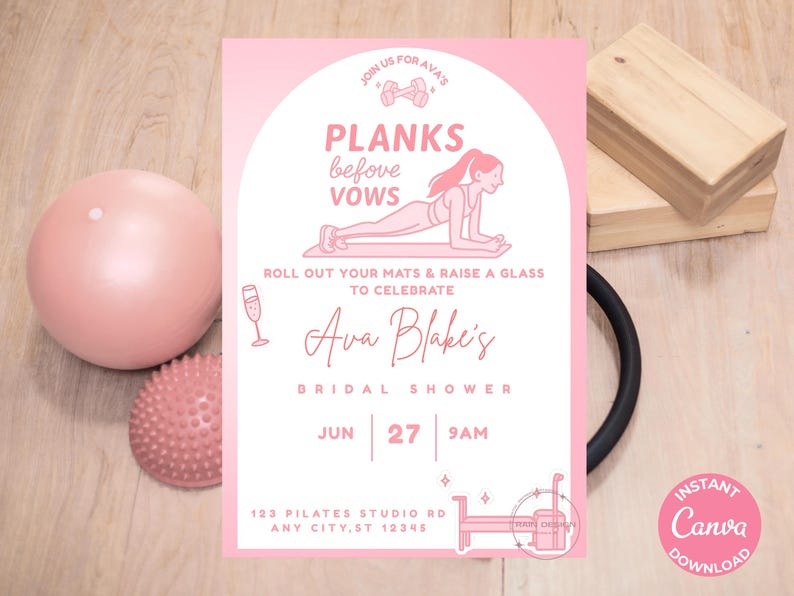 Pilates Bridal Shower Invitation: Planks Before Vows, Editable Canva ...