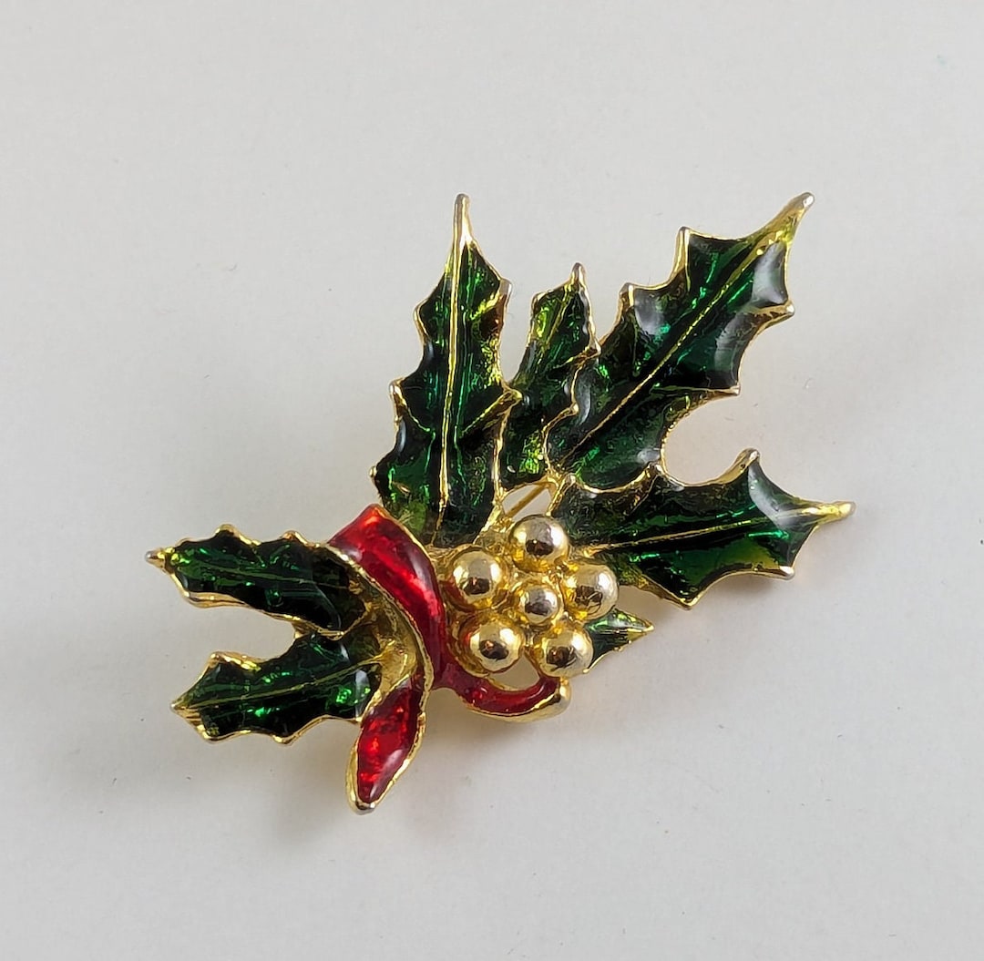 Vintage Christmas Enamel Holly Brooch Pin Leaves and Berries - Etsy