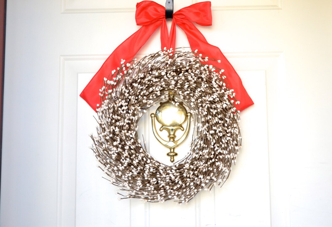 Cream Berry Wreath - Big Red Bow - White Christmas - Front Door ...