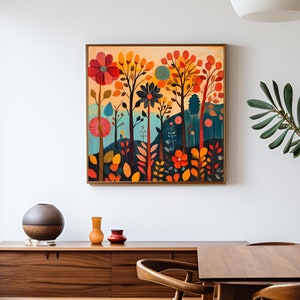 Printed Poster, Fall Retro Folk Art Print With Big Flowers and Leaves ...