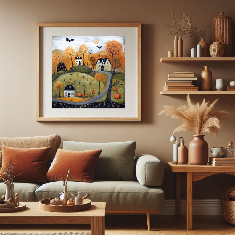 Halloween Folk Art Matte Posters, Autumn Landscape Print, Fall Wall Art ...