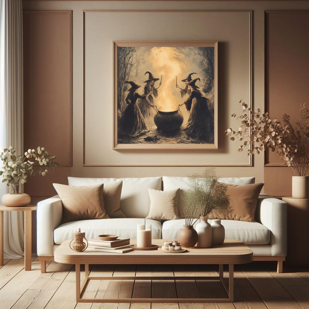 Vintage Witch Coven Matte Vertical Poster, Beige and Grey Tones ...