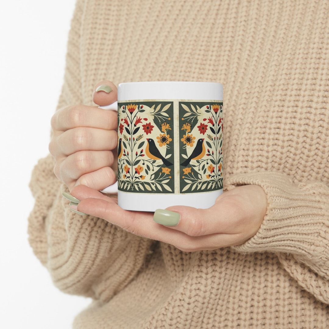 Ceramic Mug, Folk Art Bird Coffee Cup, Kitchen Decor, Gift for Bird ...