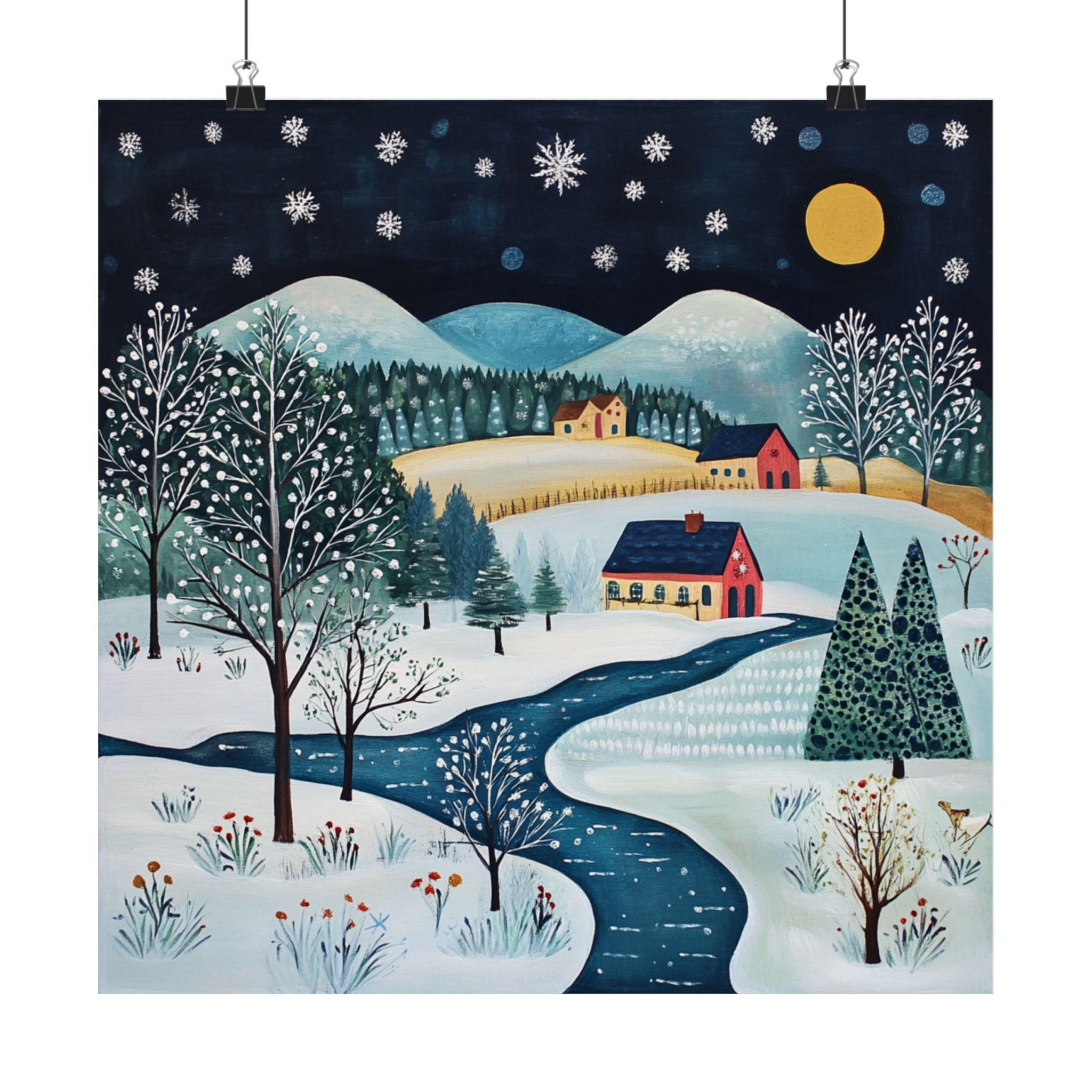 Christmas Poster, Winter Folk Art Print, Holiday Art, Christmas Art ...