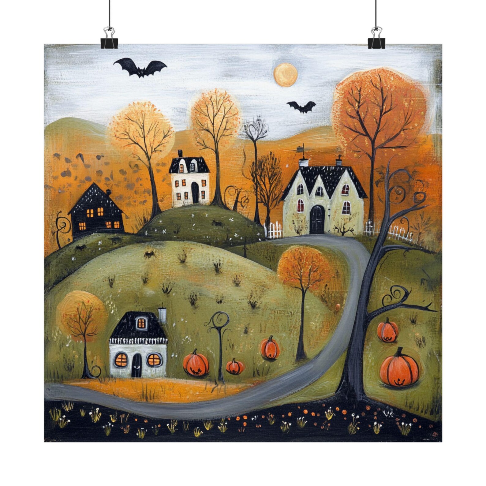 Halloween Folk Art Matte Posters, Autumn Landscape Print, Fall Wall Art ...