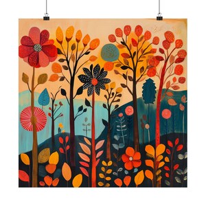 Printed Poster, Fall Retro Folk Art Print With Big Flowers and Leaves ...