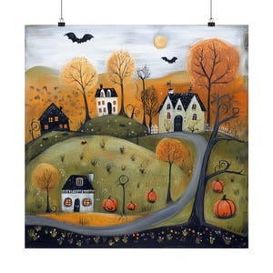 Halloween Folk Art Matte Posters, Autumn Landscape Print, Fall Wall Art ...