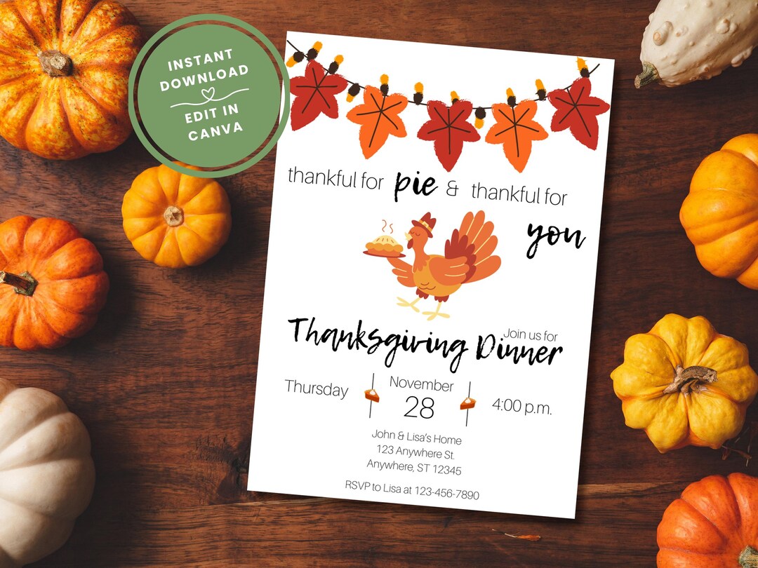 Thanksgiving Dinner Party Invitation, Thankful for Pie & Thankful for ...