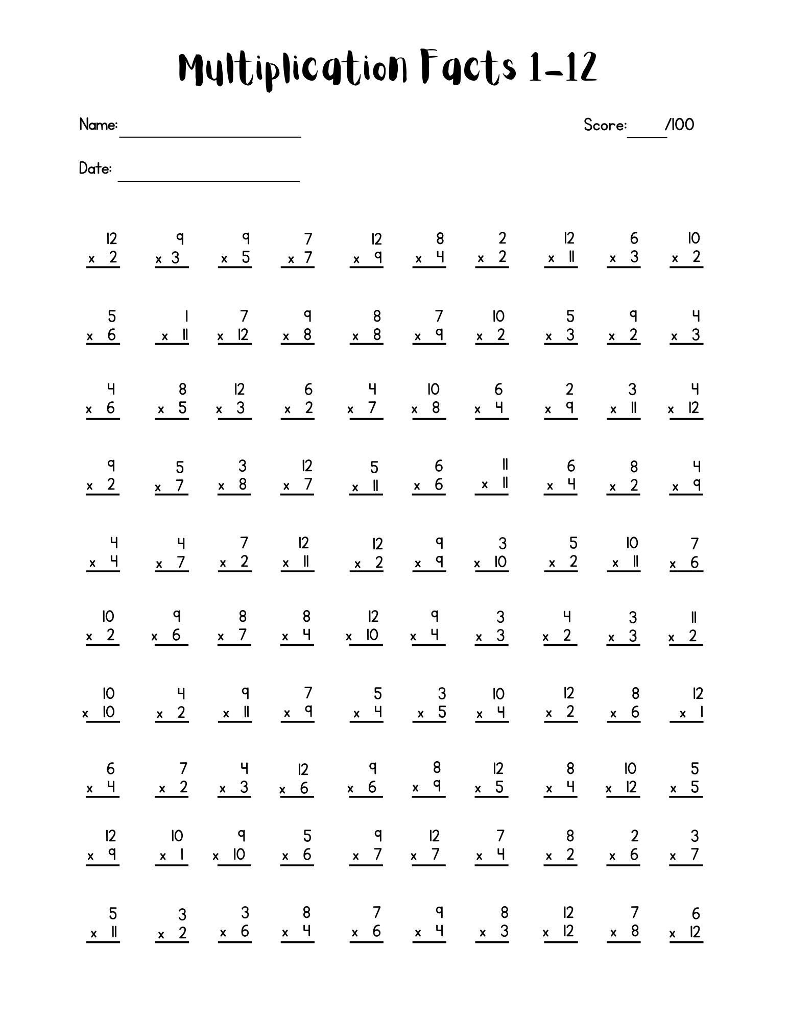 Printable 1-12 Multiplication Table, Multiplication Chart, and 1-12 ...