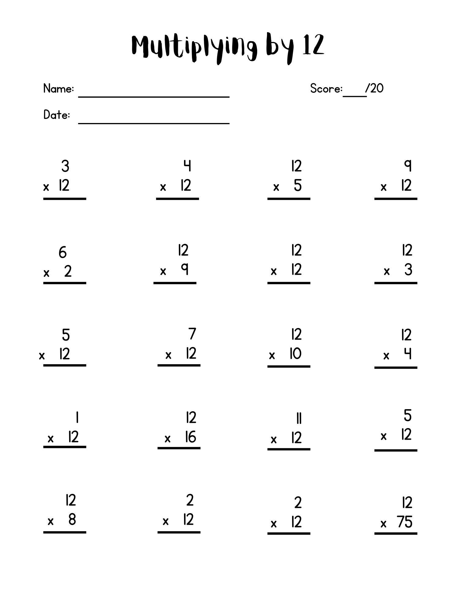 Printable 1-12 Multiplication Table, Multiplication Chart, and 1-12 ...