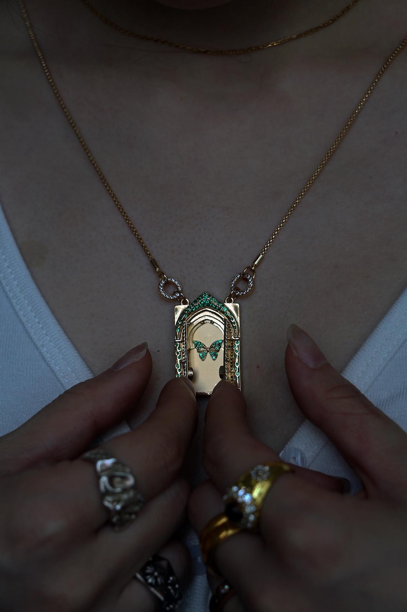 Butterfly Transformation Necklace: Gold Arch Pendant, Rhinestone Detail ...
