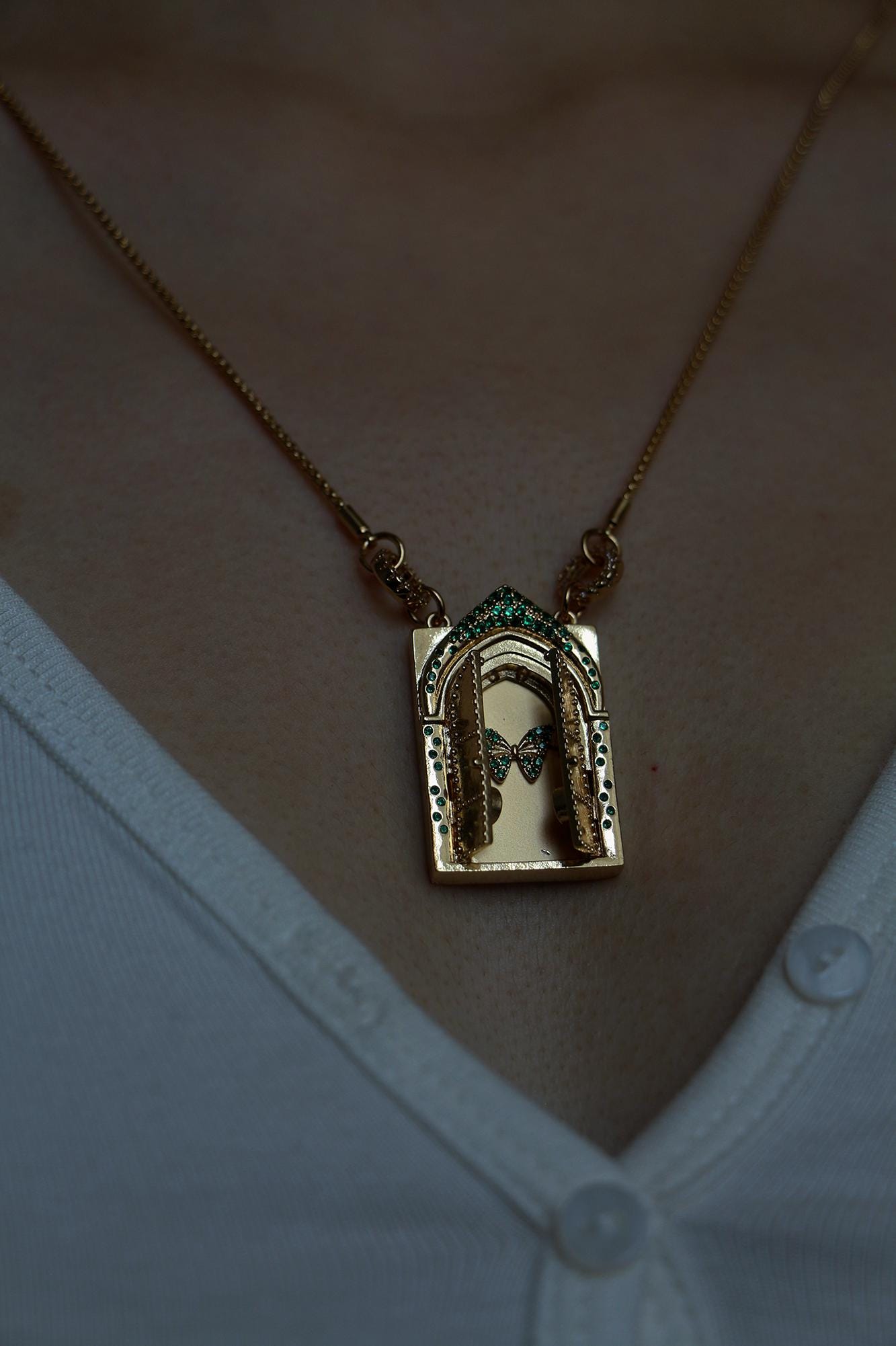 Butterfly Transformation Necklace: Gold Arch Pendant, Rhinestone Detail ...