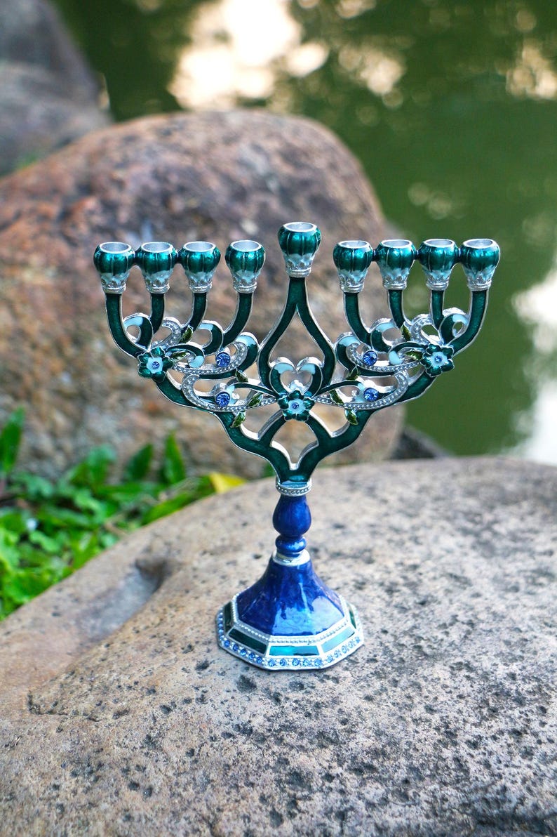 Elegant Green & Blue | Hanukkah Menorah | Judaica Candle Holder - Etsy