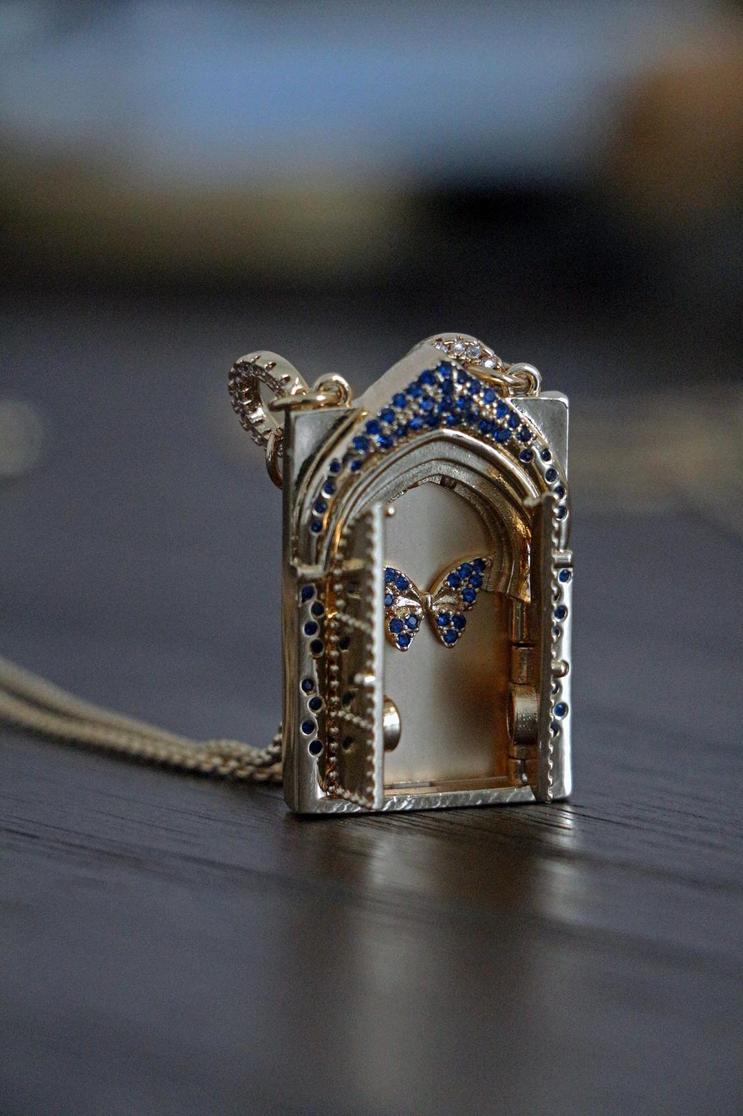 Butterfly Transformation Necklace: Gold Arch Pendant, Rhinestone Detail ...
