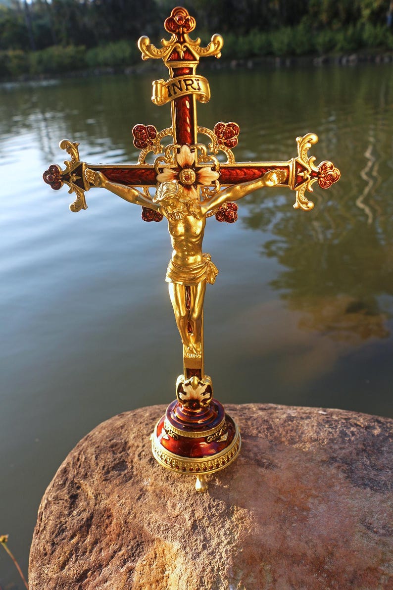 Gold Jesus Christ Crucifix Sculpture: INRI Cross, Floral Details - Etsy