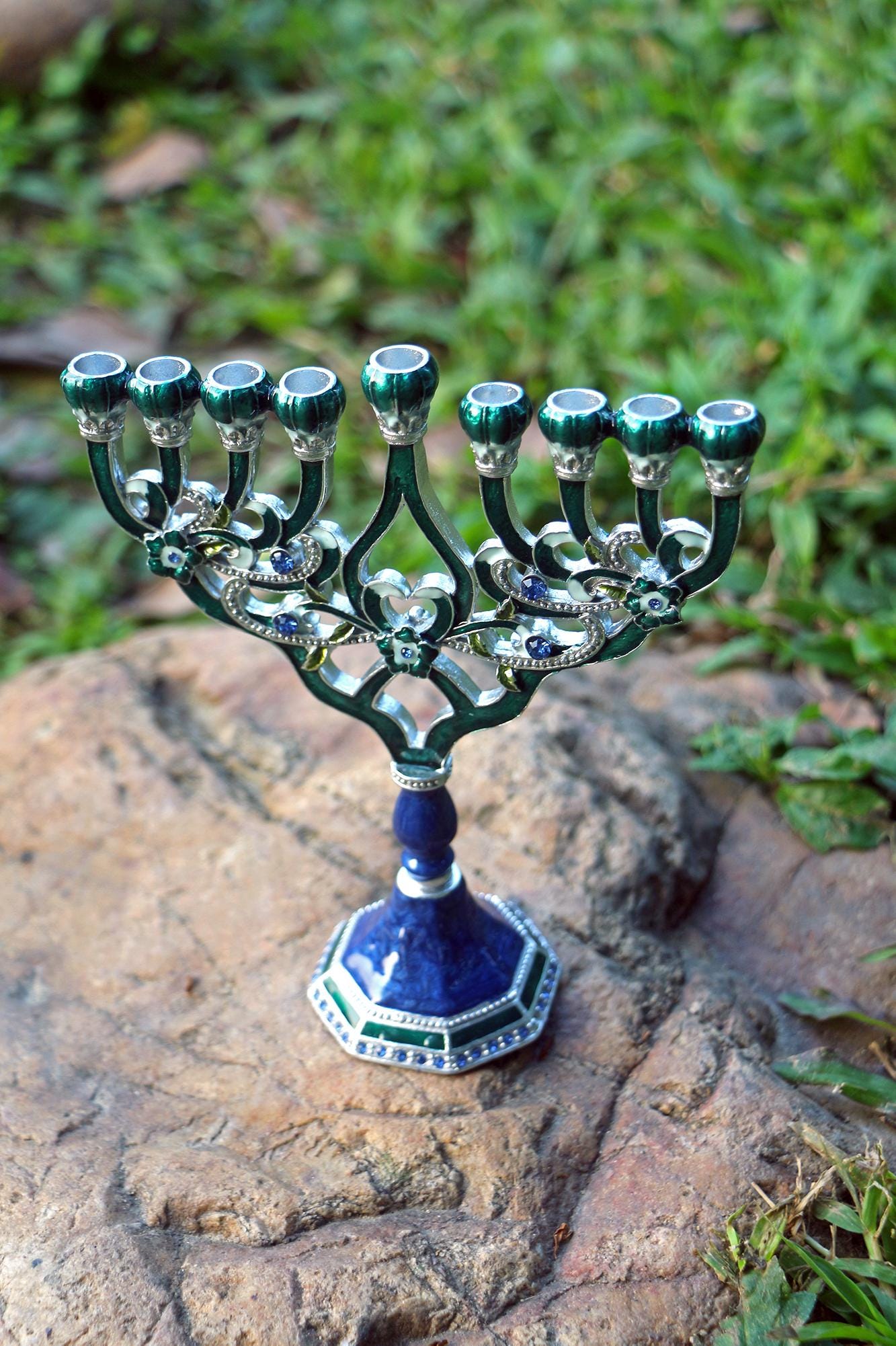 Elegant Green & Blue | Hanukkah Menorah | Judaica Candle Holder - Etsy