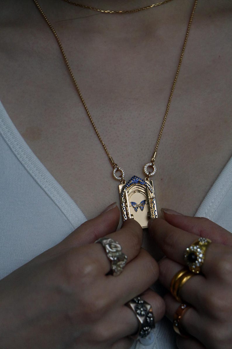 Butterfly Transformation Necklace: Gold Arch Pendant, Rhinestone Detail ...