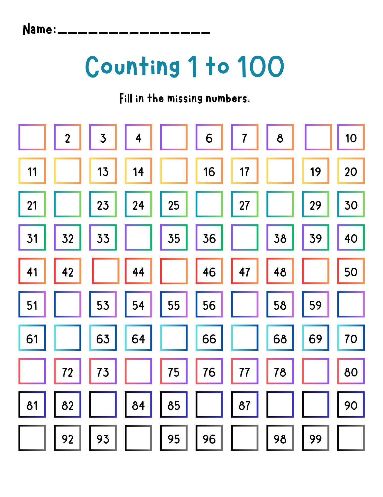 Educational 1 to 100 Counting Worksheet - Missing Numbers Practice - Etsy