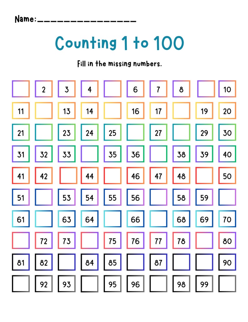 Educational 1 to 100 Counting Worksheet - Missing Numbers Practice - Etsy