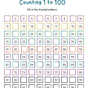 Educational 1 to 100 Counting Worksheet - Missing Numbers Practice - Etsy