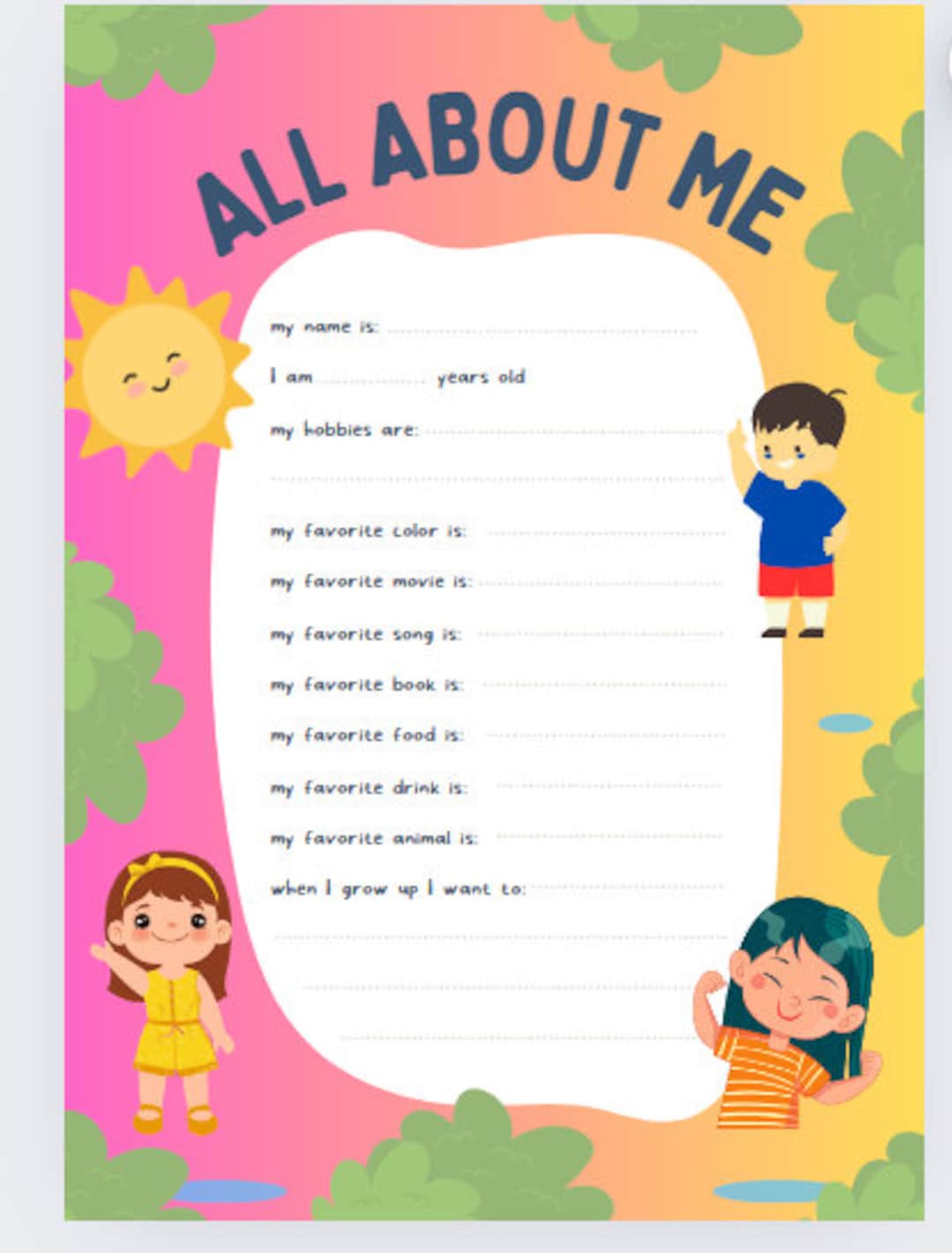 Printable All About Me Poster 16x 20, Personalized Introduction Wall ...