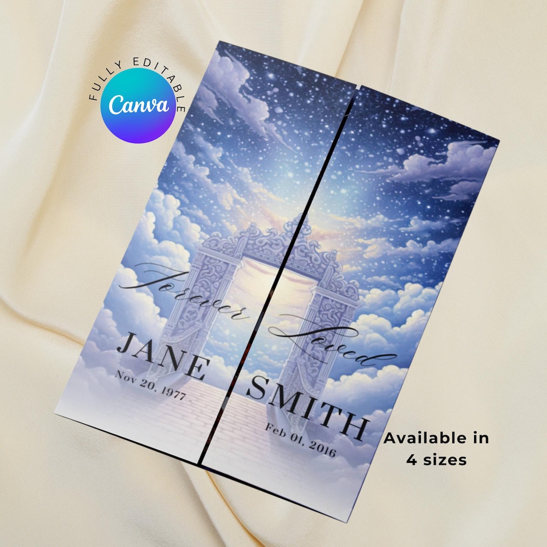 Heavenly Gate Fold Funeral Program Template Editable Canva Template ...