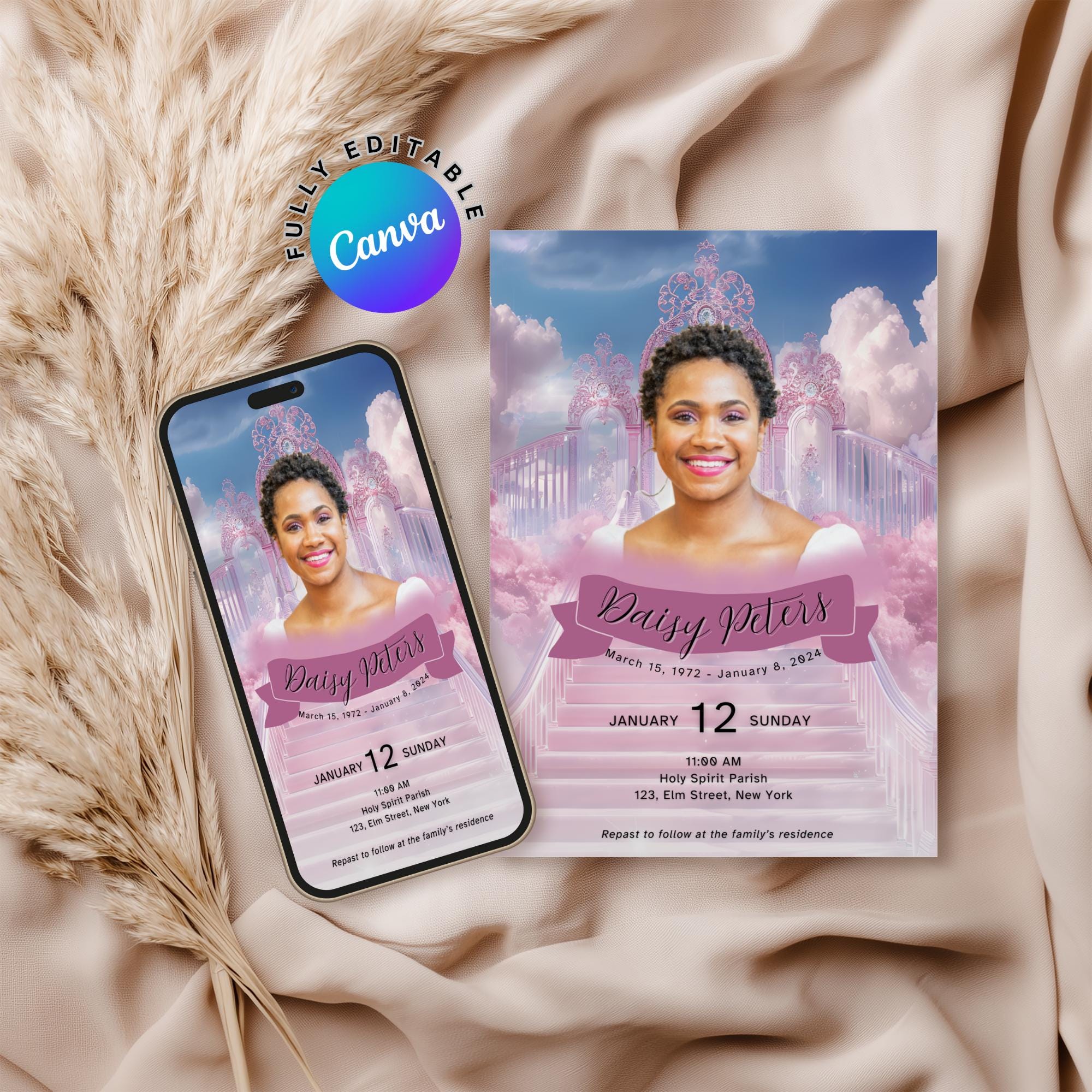 Pink Heavenly Gate Funeral Invitation, Digital Memorial Evite ...