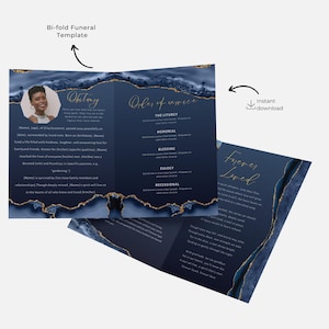 Navy & Gold Funeral Program Canva Template, Editable Obituary Program ...