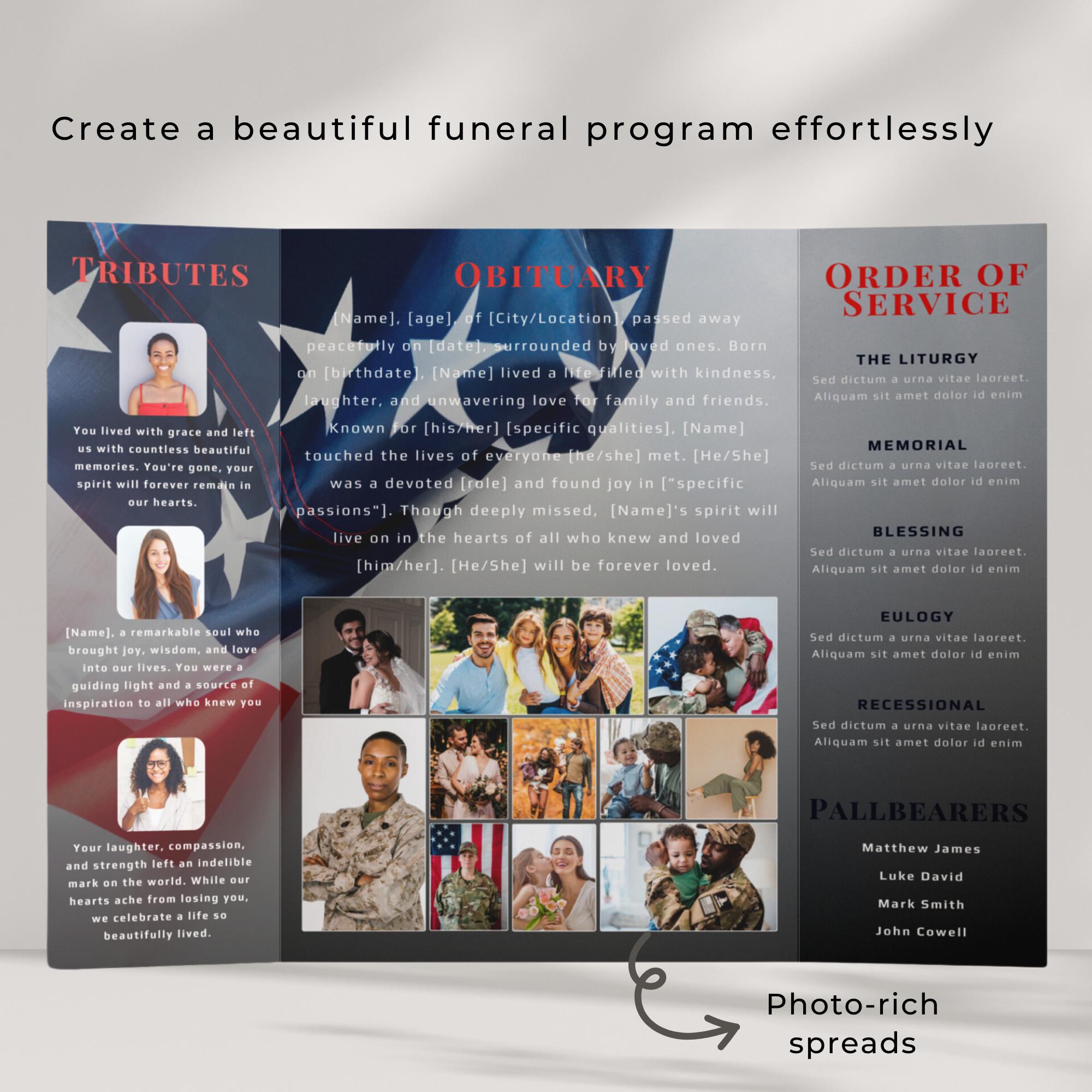 Military Veteran Funeral Program Canva Template Gatefold Patriotic ...
