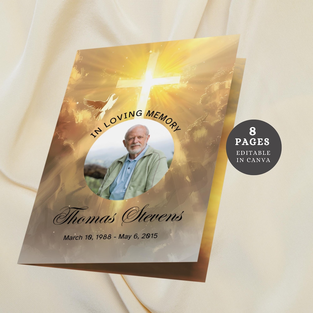 Jesus Cross Funeral Program Canva Template Gold Funeral Memorial ...