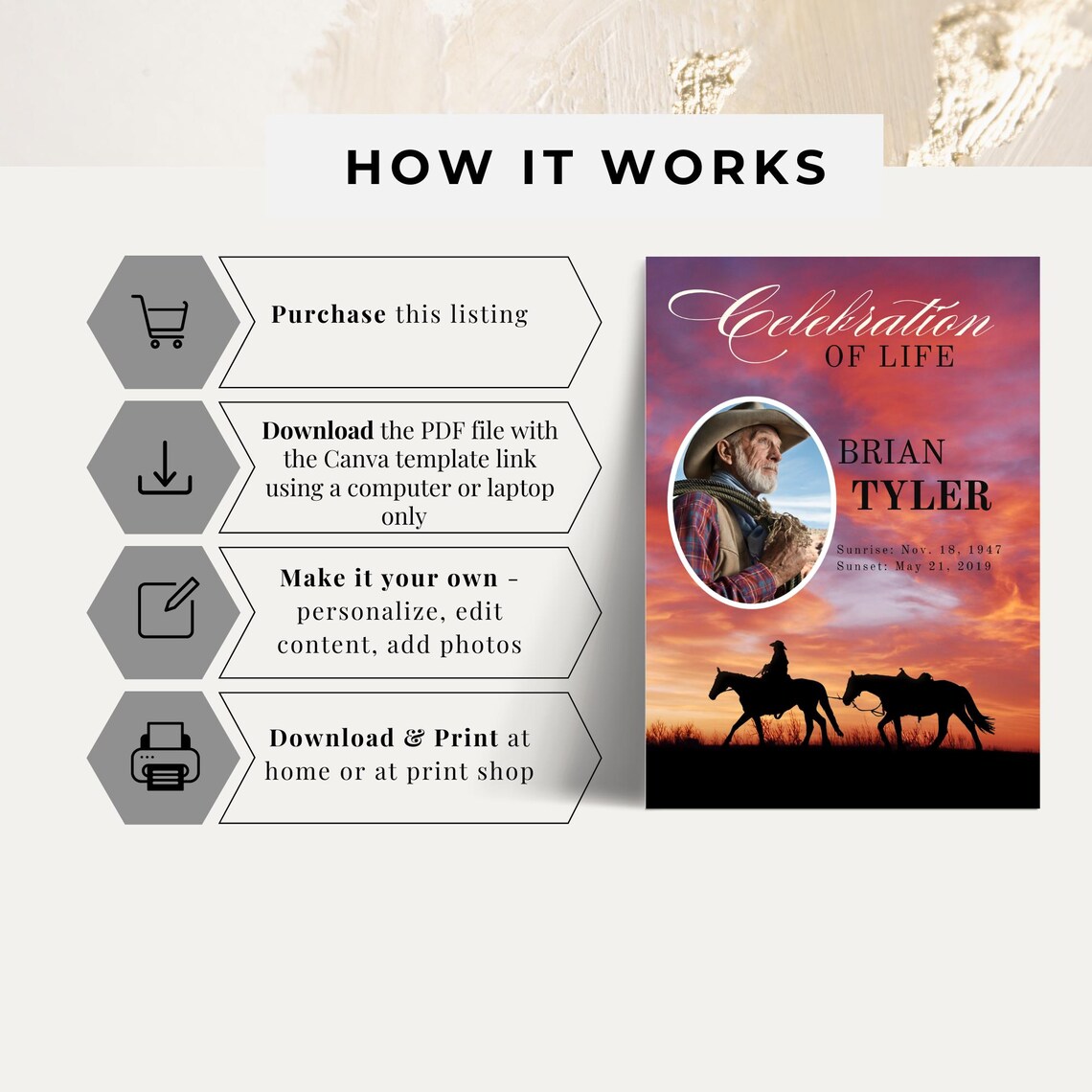 Cowboy Funeral Program Template Editable Memorial Service Program Horse ...