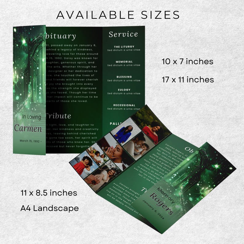 Heavenly Gate Fold Funeral Program Canva Template Editable Green ...