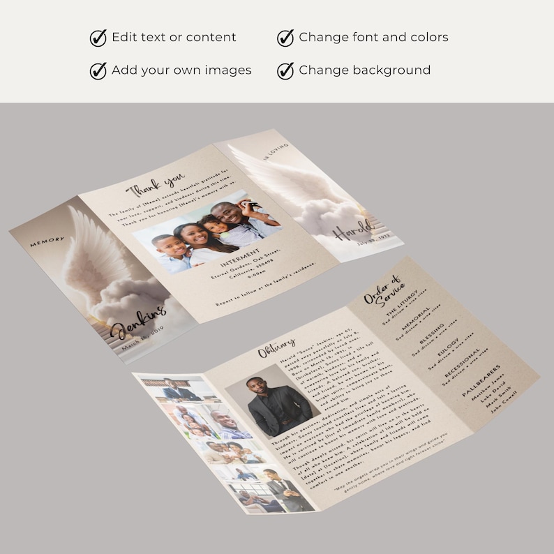 Angel Wings Gatefold Funeral Program Template, Beige Obituary Program ...