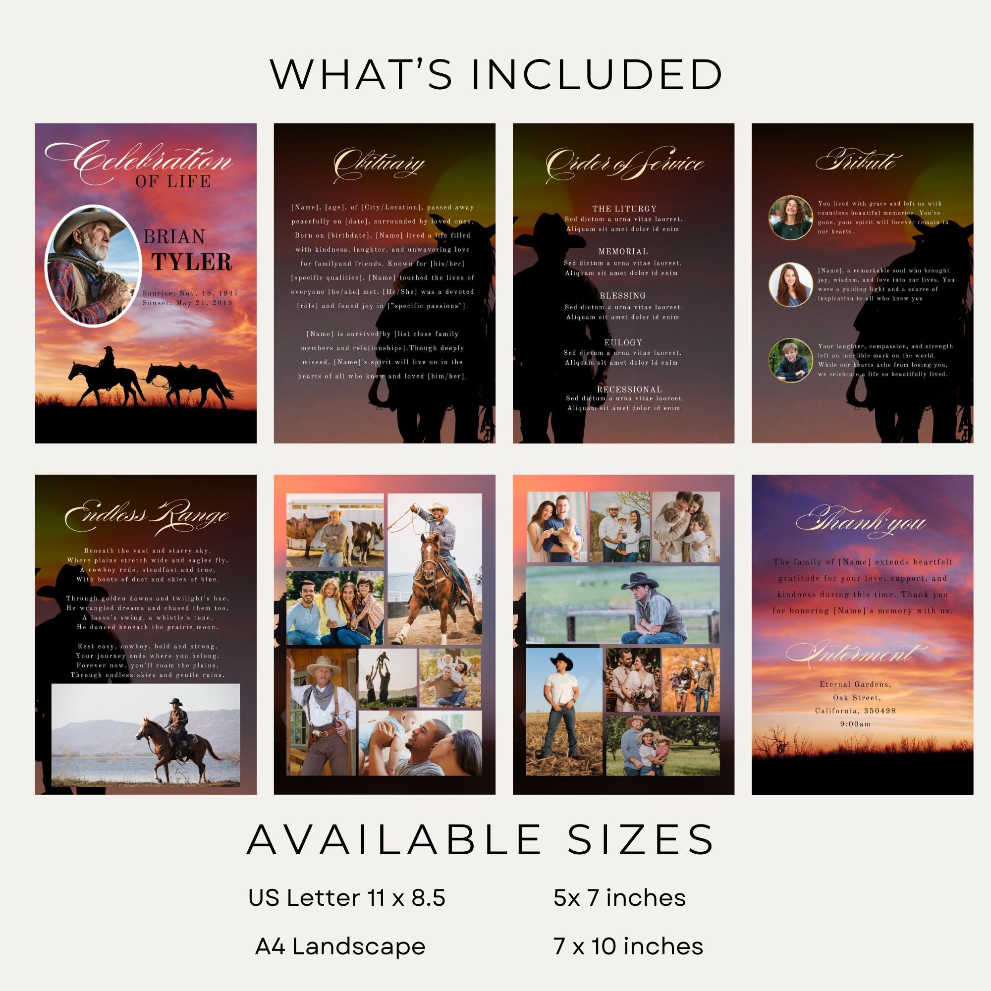 Cowboy Funeral Program Template Editable Memorial Service Program Horse ...