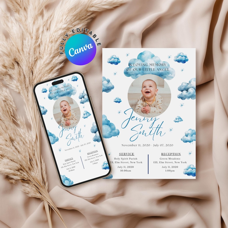 Blue Clouds Funeral Evite Digital Invitation Editable Canva Template ...