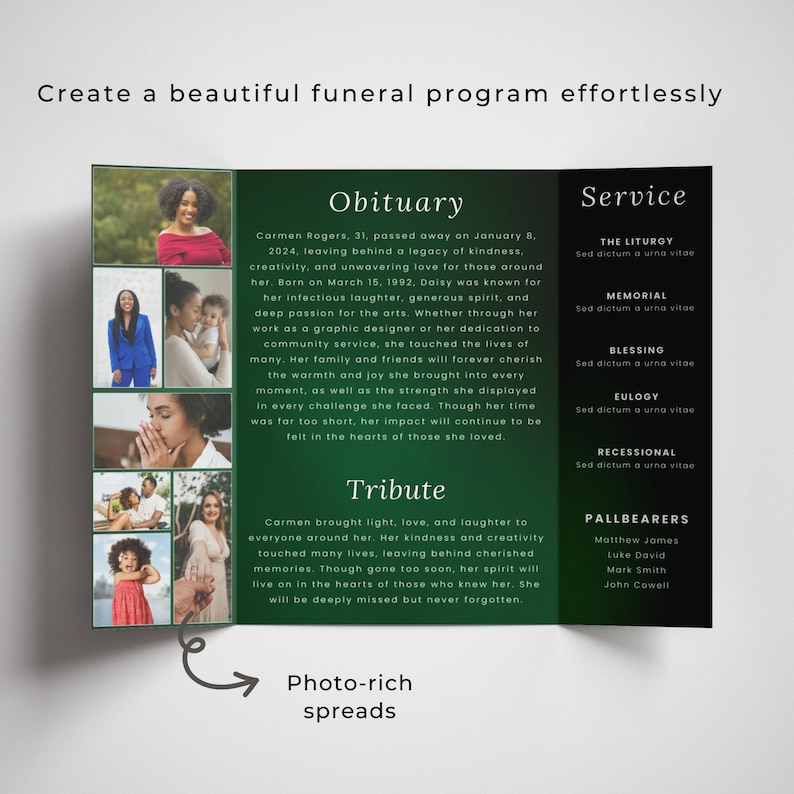 Heavenly Gate Fold Funeral Program Canva Template Editable Green ...