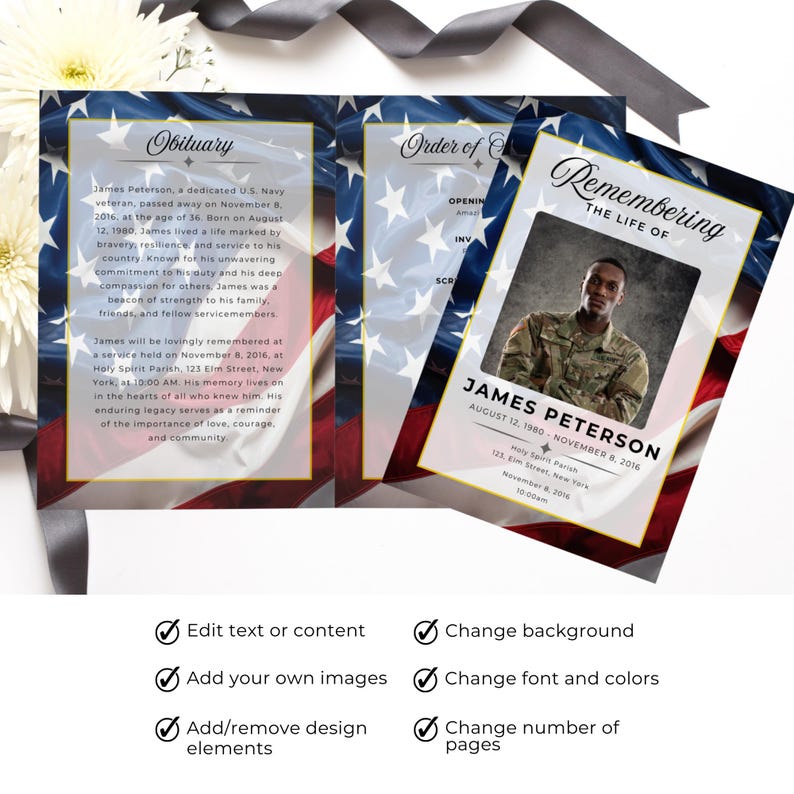 Military Veteran Funeral Program Canva Template Editable Obituary for ...