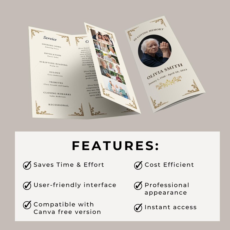 Vintage Funeral Program Template, Trifold Obituary, Celebration of Life ...