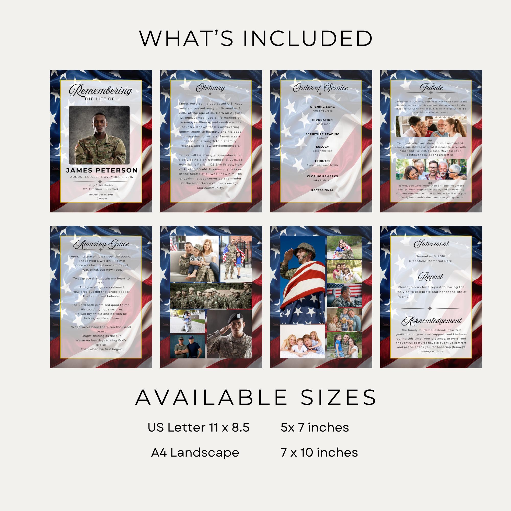 Military Veteran Funeral Program Canva Template Editable Obituary for ...