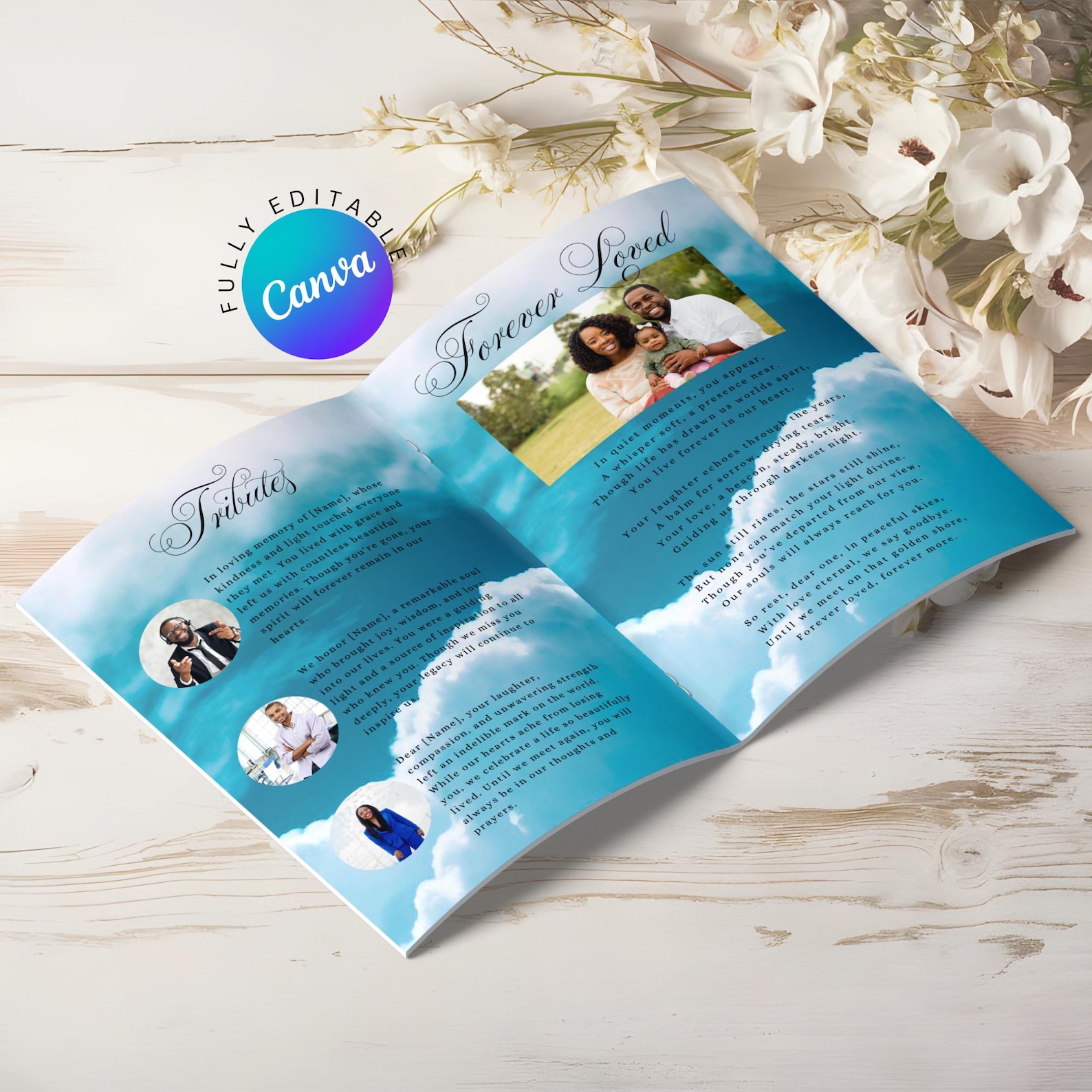 Heavenly Funeral Program Canva Template Editable Blue Memorial Service ...