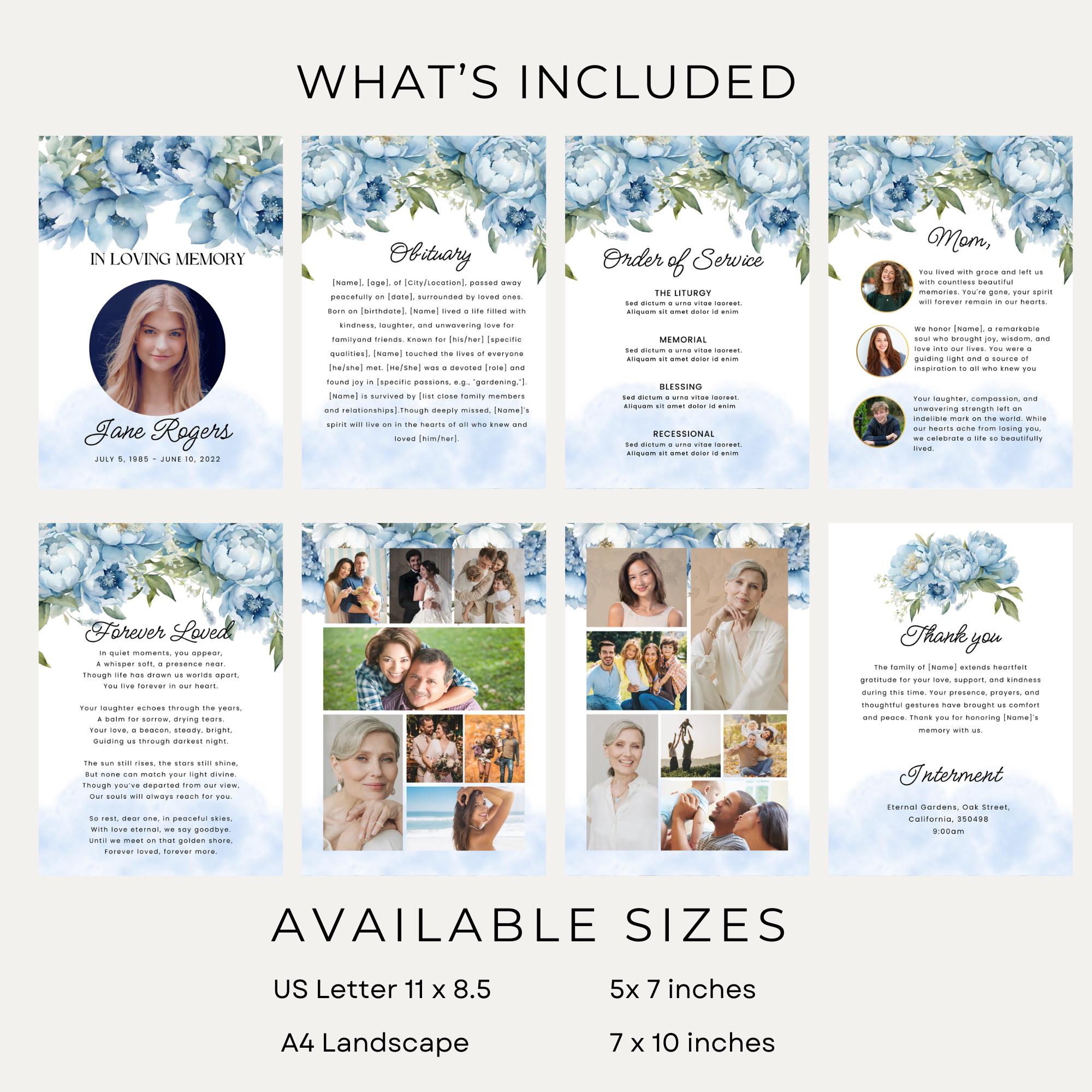 Blue Funeral Program Canva Template Floral Memorial Ceremony Program ...