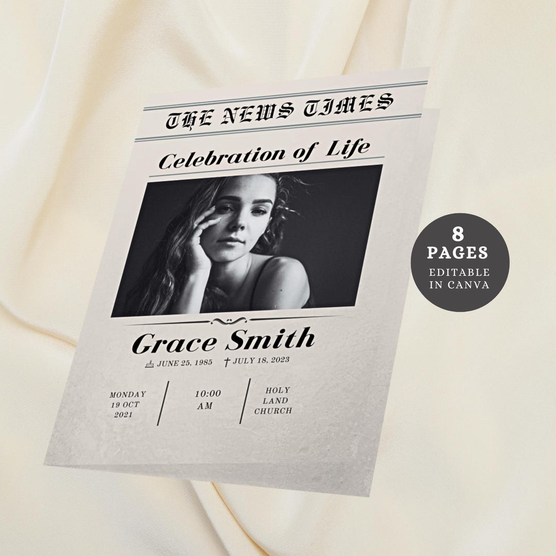 Newspaper Memorial Program Canva Template Funeral Program Editable ...