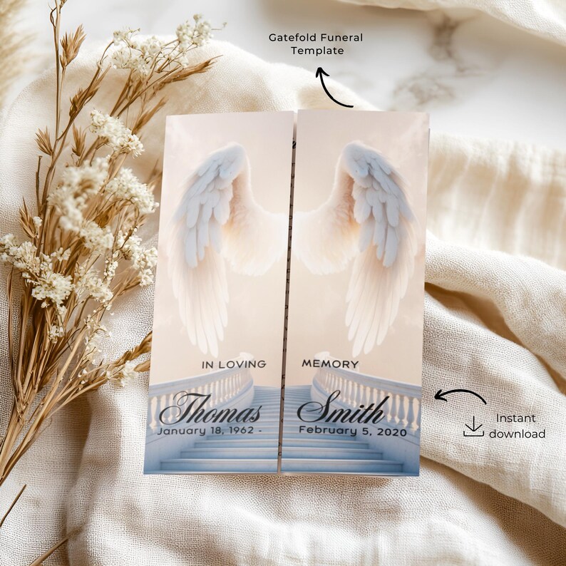 Angel Wings Gatefold Funeral Program Canva Template, Custom Obituary ...
